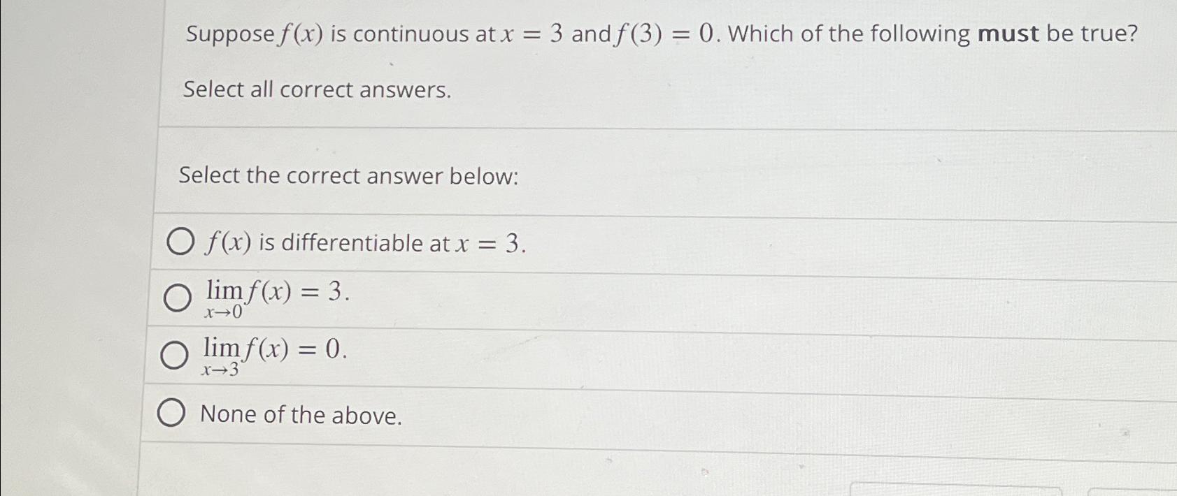Solved Suppose f(x) ﻿is continuous at x=3 ﻿and f(3)=0. | Chegg.com