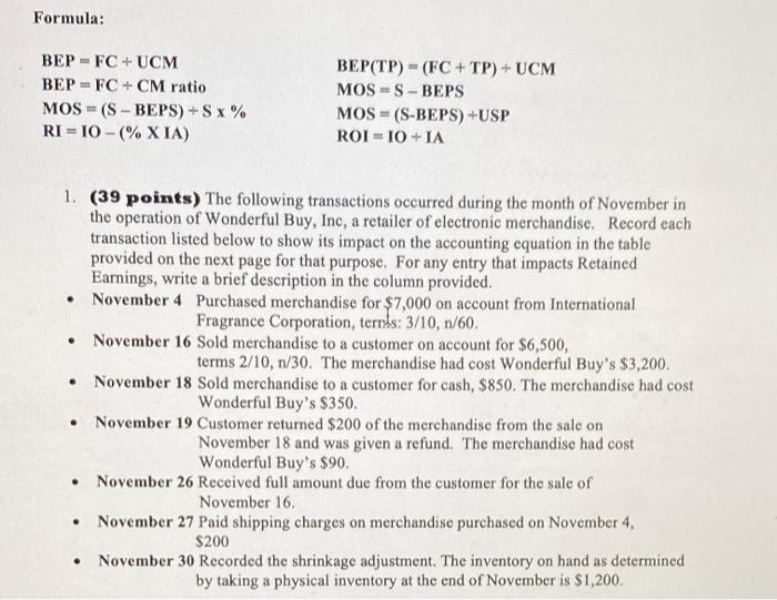 Solved Formula: BEP = FC+UCM BEP-FC + CM ratio MOS = (S - | Chegg.com