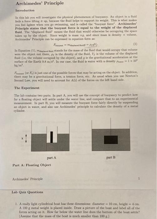 Solved Archimedes' Principle Introduction In this lab you | Chegg.com