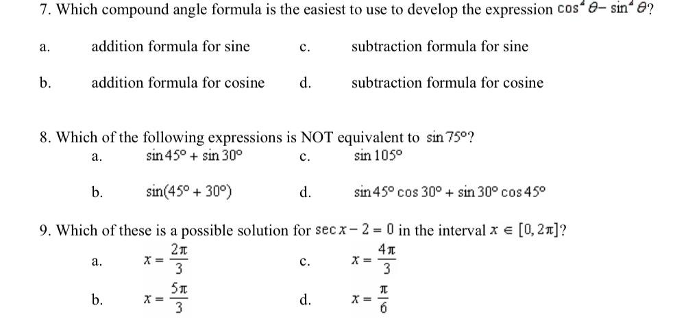Solved Which compound angle formula is the easiest to use to | Chegg.com