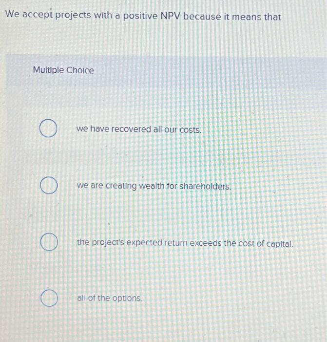 Solved We accept projects with a positive NPV because it | Chegg.com