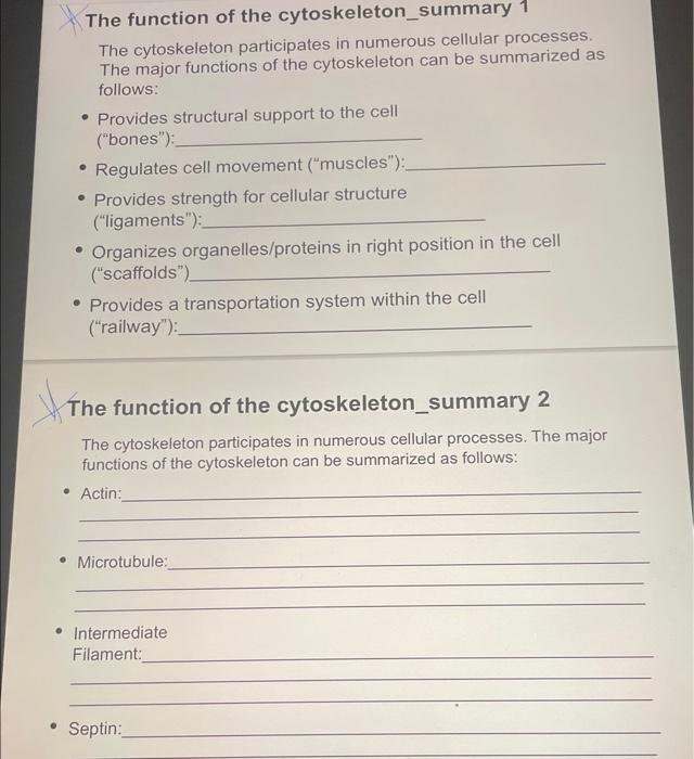Solved The function of the cytoskeleton_summary 1 The | Chegg.com