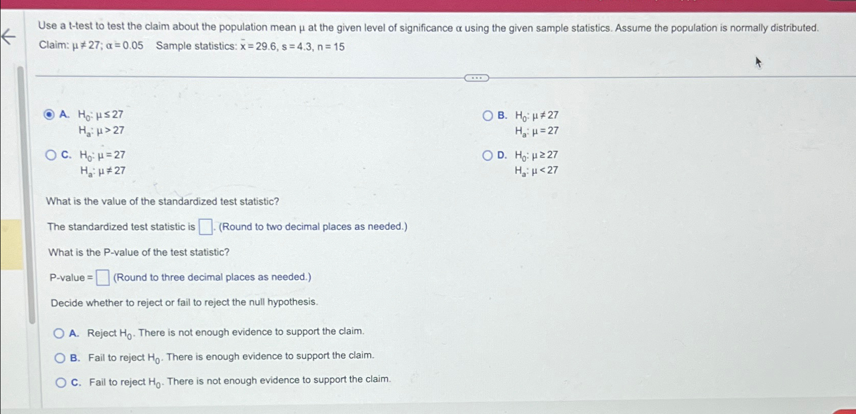 Solved Use a t-test to test the claim about the population | Chegg.com