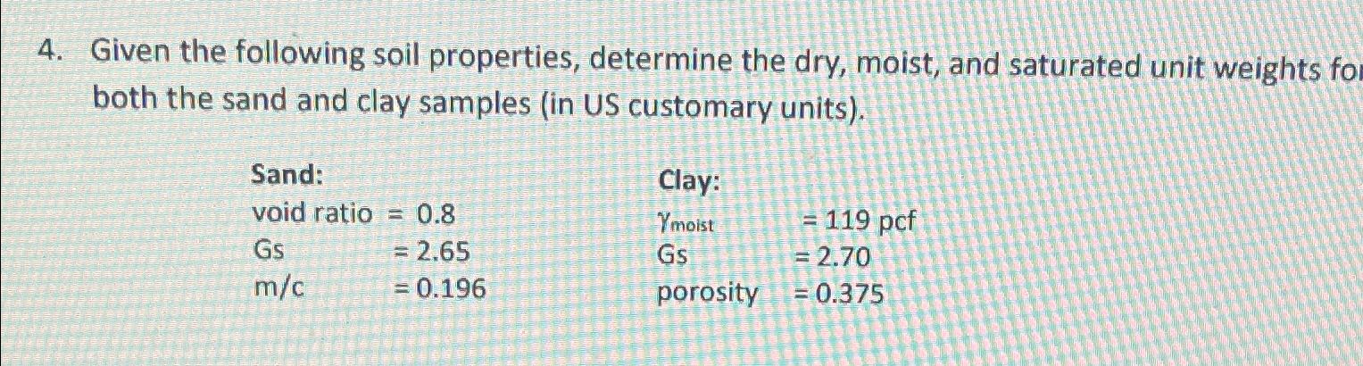 Solved Given the following soil properties, determine the | Chegg.com