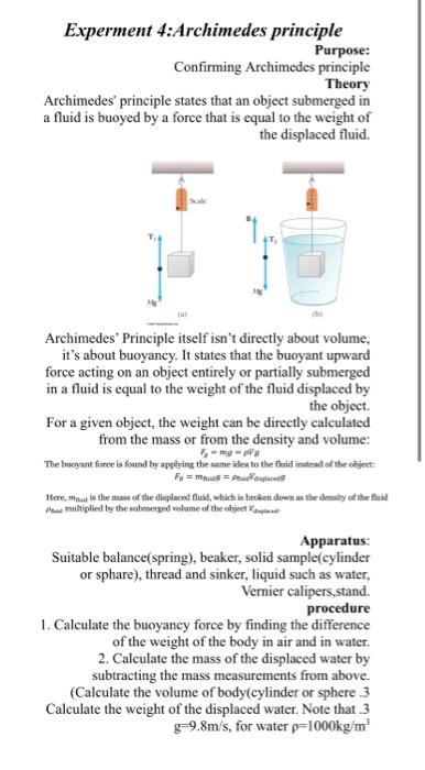 Solved Experment 4:Archimedes principle Purpose: Confirming | Chegg.com