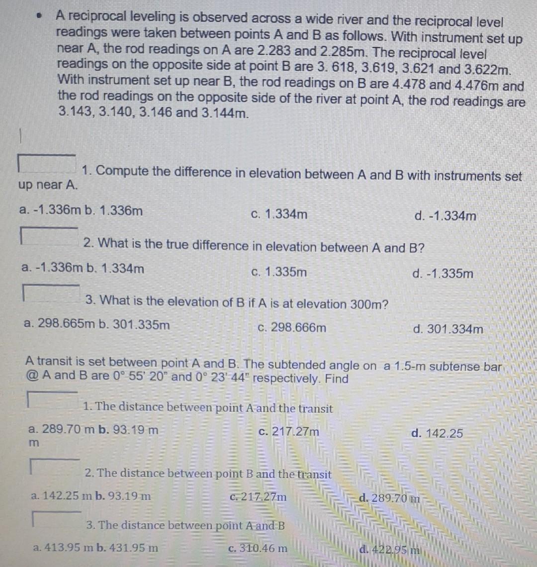 Solved • A reciprocal leveling is observed across a wide | Chegg.com