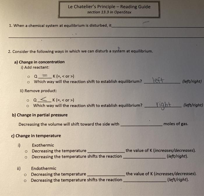Solved Le Chatelier's Principle - Reading Guide section 13.3 | Chegg.com