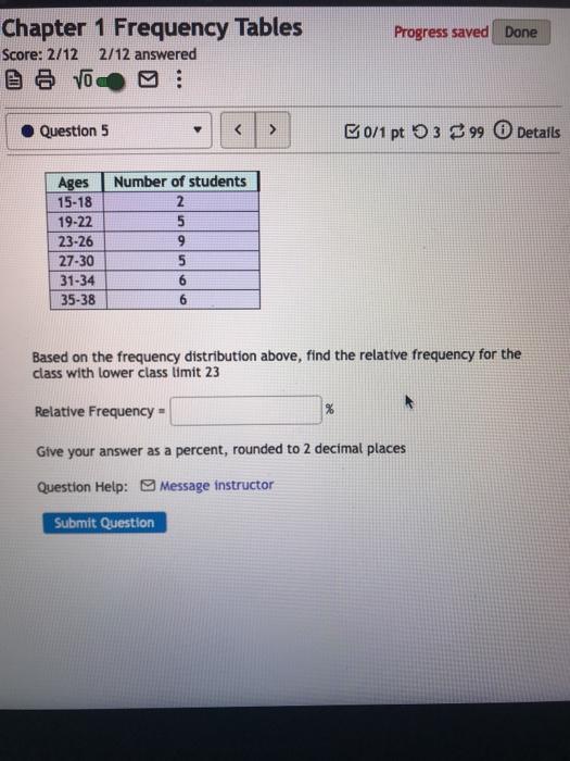 Solved Progress saved Done Chapter 1 Frequency Tables Score: | Chegg.com