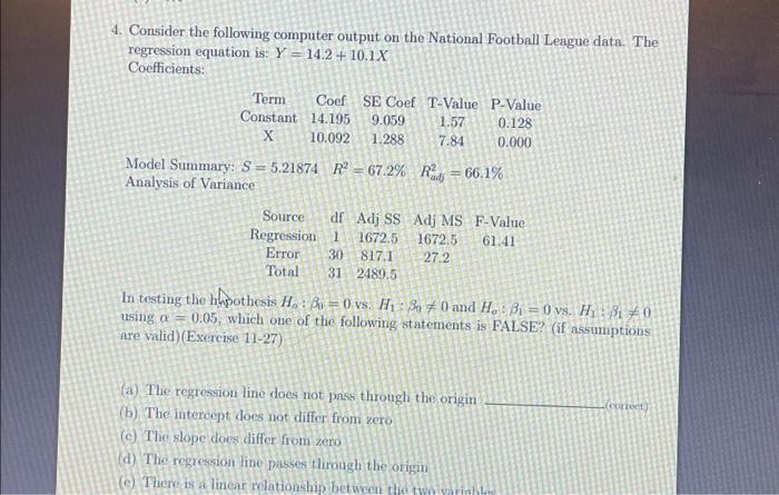 Solved 4. Consider the following computer output on the | Chegg.com