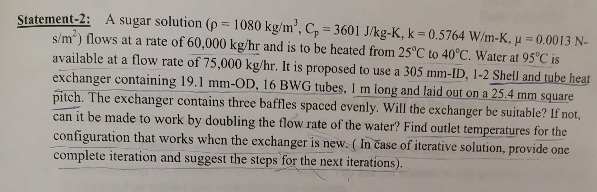 Solved Statement-2: A sugar solution (ρ=1080 kg/m3,Cp=3601 | Chegg.com