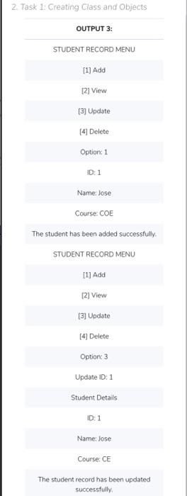 Solved 2. Task 1: Creating Class and Objects Create a class | Chegg.com Solved 2. Task 1: Creating Class and Objects Create a class | Chegg.com