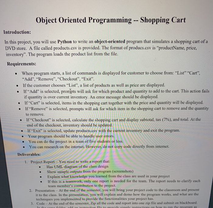 Object Oriented Programming -- Shopping Cart | Chegg.com