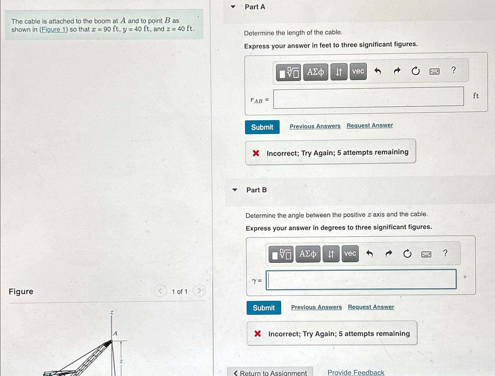 Solved Part A\\nThe cable is attached to the boom at A and | Chegg.com