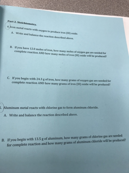 Solved Part 2. Stoichiometry. 4. Iron metal reacts with | Chegg.com