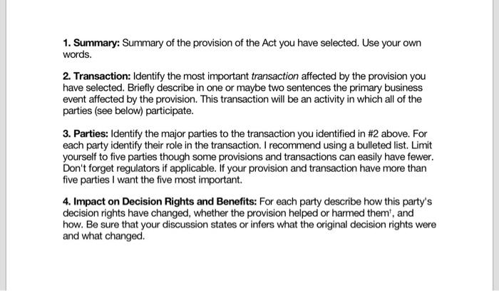 1. Summary: Summary of the provision of the Act you | Chegg.com