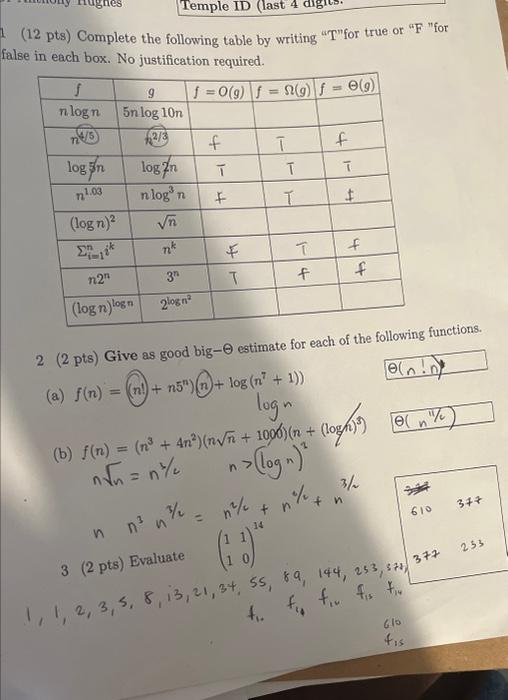 Solved (12 pts) Complete the following table by writing " T | Chegg.com