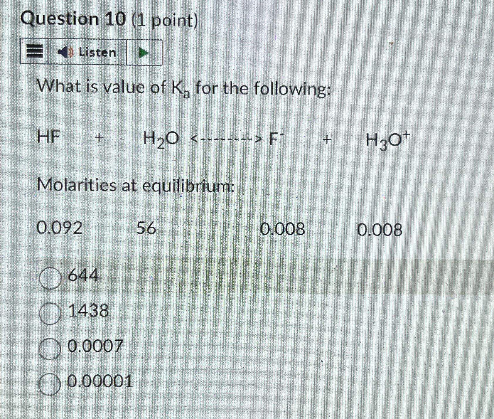 Solved Question 10 (1 ﻿point)What is value of Ka ﻿for the | Chegg.com