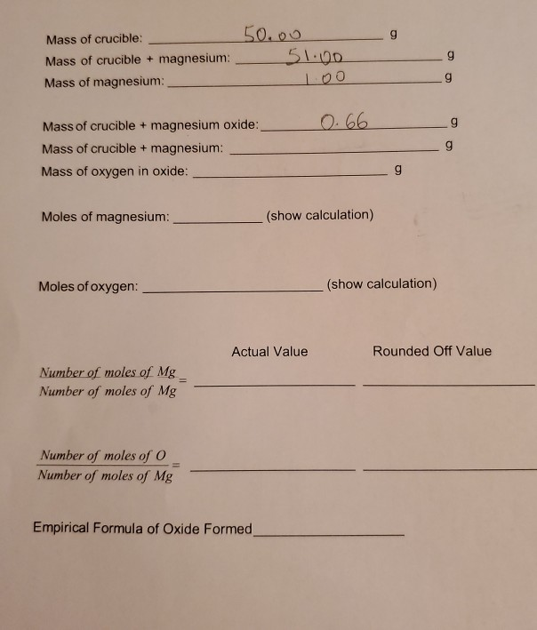 Solved Mass of crucible: 50.00 Mass of crucible + magnesium: | Chegg.com