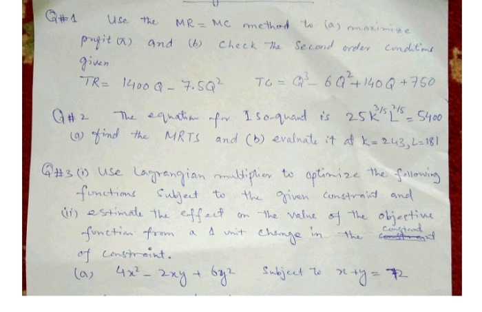 Solved Q#1 Use the MR = mc method to (a) maximize pregit (x) | Chegg.com