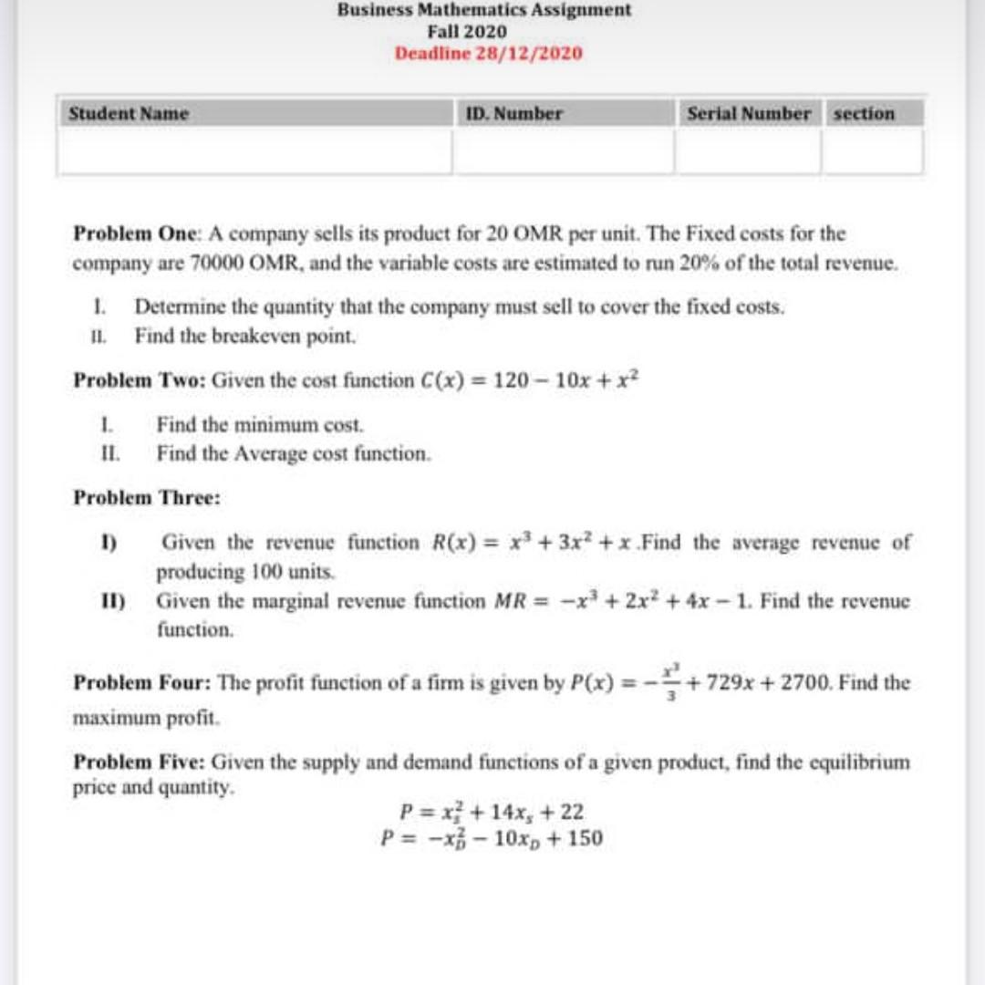 Solved Business Mathematics Assignment Fall 2020 Deadline | Chegg.com