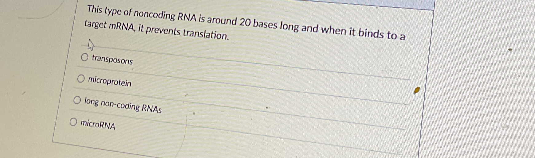 Solved This type of noncoding RNA is around 20 ﻿bases long | Chegg.com