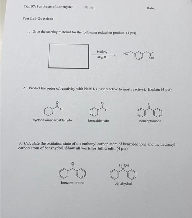 Solved Exp. 07: Synthesis of Benzhydrol Post Lab Questions | Chegg.com