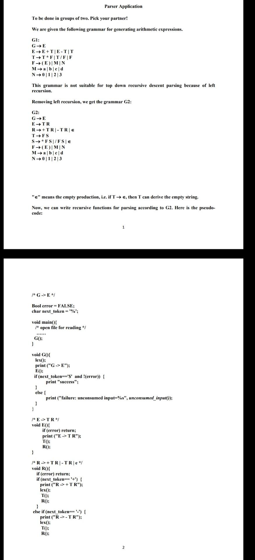 Solved Parser Application To be done in groups of two. Pick | Chegg.com
