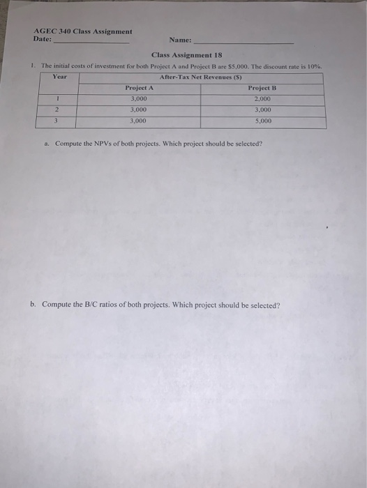 Solved AGEC 340 Class Assignment Date: Name: Class | Chegg.com