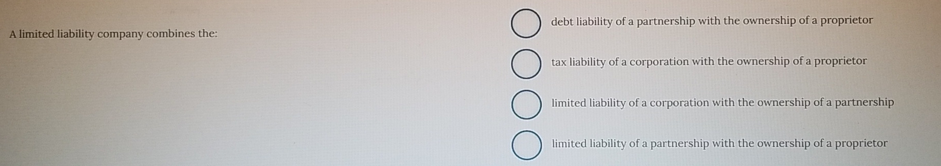 A limited liability company combines the:debt | Chegg.com