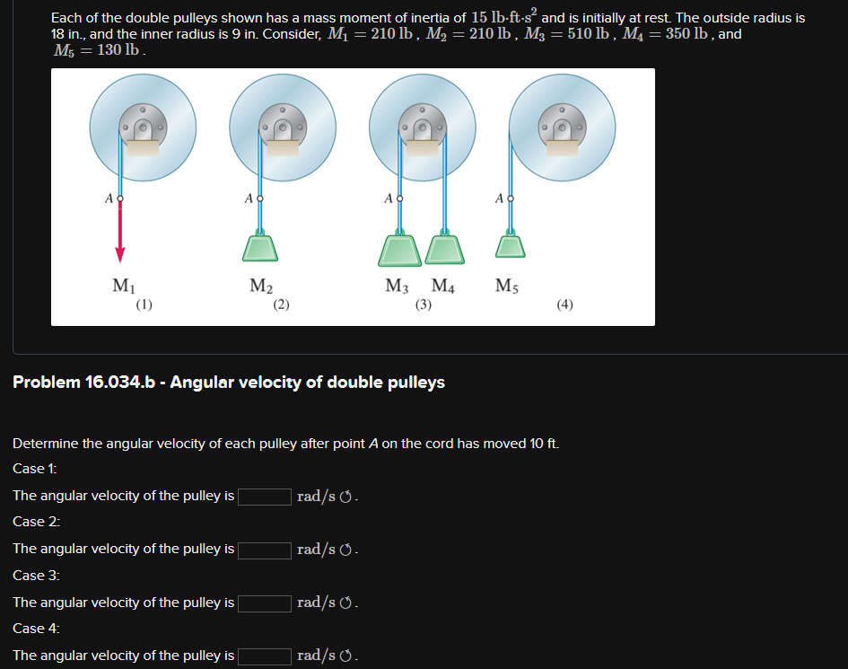 Solved by an EXPERT Each of the double pulleys shown has a mass moment of | Chegg.com