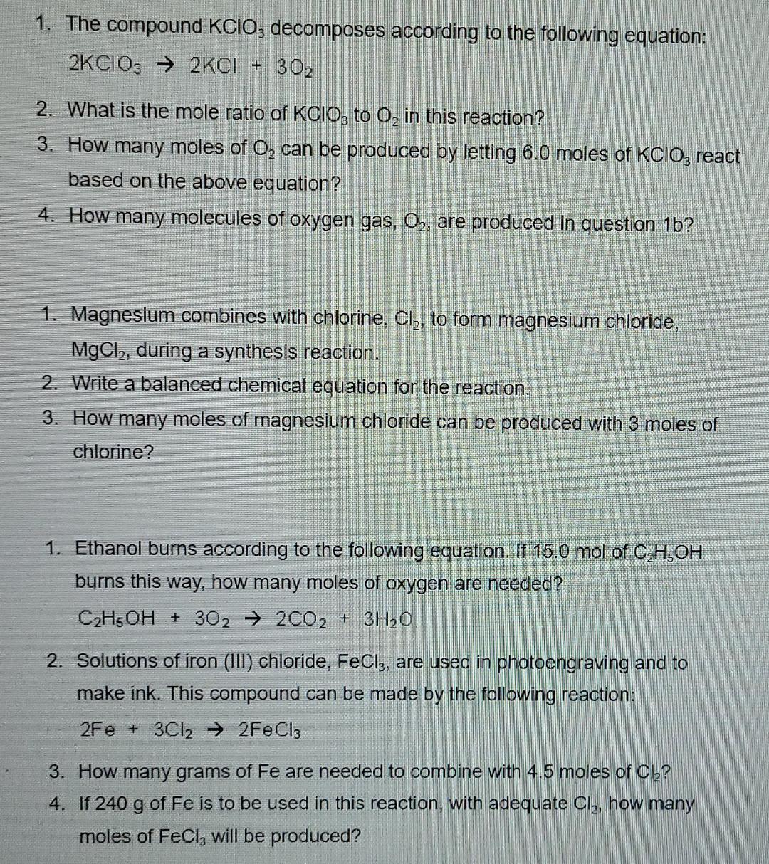Solved 1. The compound KCIO, decomposes according to the | Chegg.com