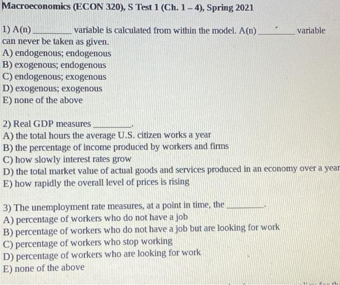 Solved Macroeconomics (ECON 320), S Test 1 (Ch.1-4), Spring | Chegg.com