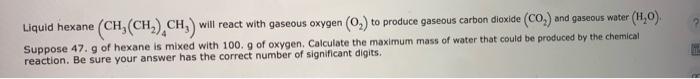Solved Liquid hexane (CH3(CH2)4CH3) will react with gaseous | Chegg.com