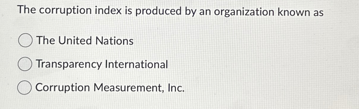 Solved The corruption index is produced by an organization | Chegg.com