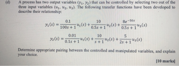 (d) A process has two output variables (y1, y2) that | Chegg.com
