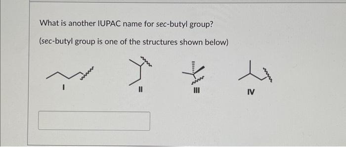 Solved What is another IUPAC name for sec-butyl group? | Chegg.com