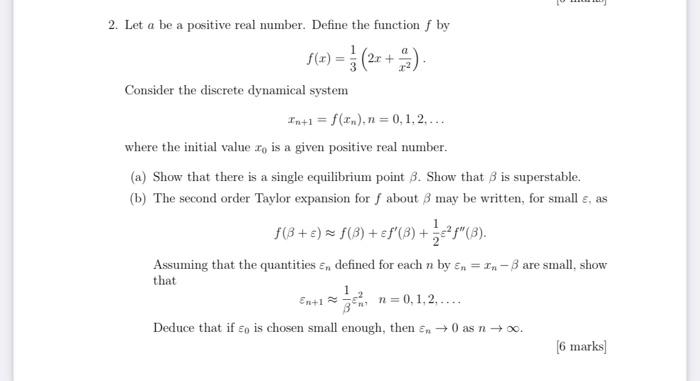 Solved 2. Let a be a positive real number. Define the | Chegg.com