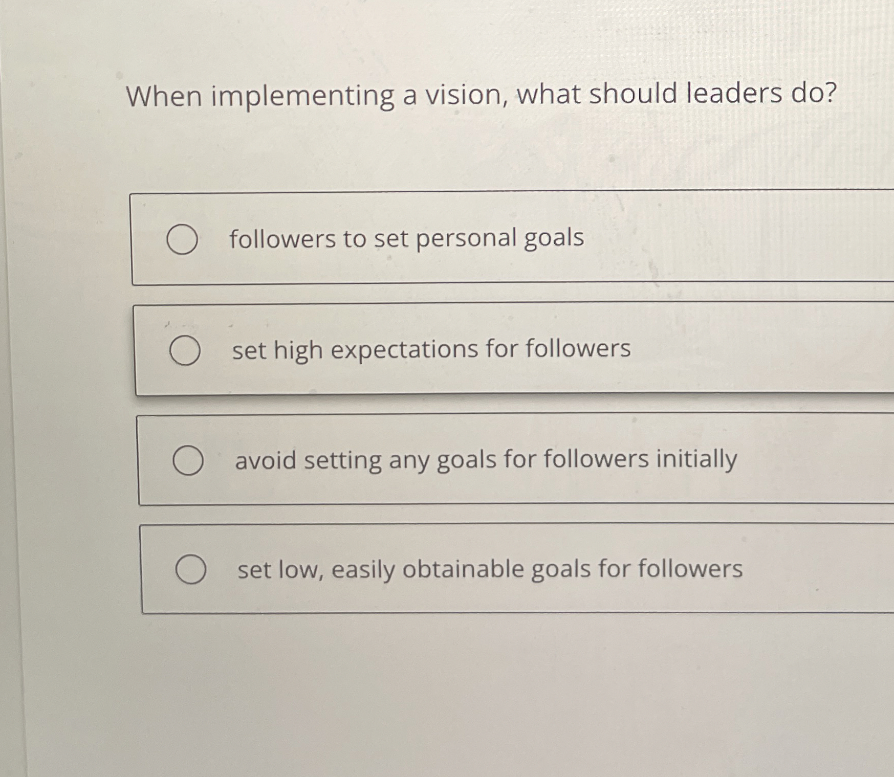 Solved When implementing a vision, what should leaders | Chegg.com