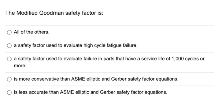 Solved The Modified Goodman safety factor is: All of the | Chegg.com