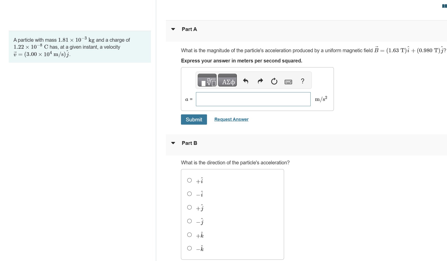 Solved Part AA particle with mass 1.81×10-3kg ﻿and a charge | Chegg.com
