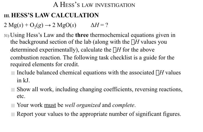 Solved A HESS'S LAW INVESTIGATION 11. HESS'S LAW CALCULATION | Chegg.com