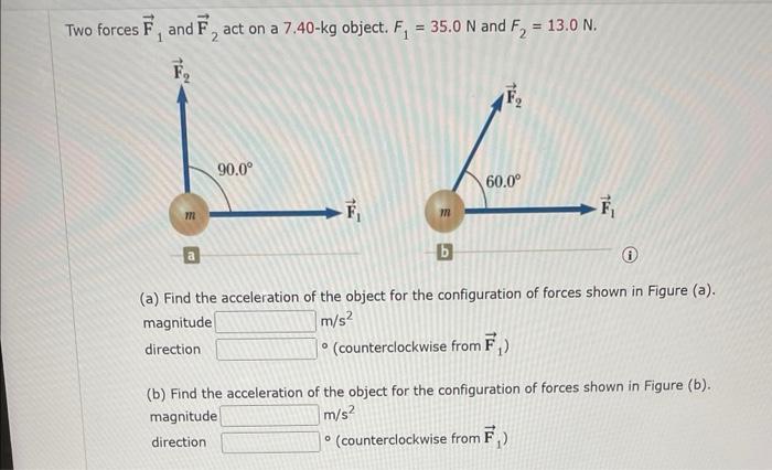 Solved Two forces F1 and F2 act on a 7.40−kg object. F1=35.0 | Chegg.com