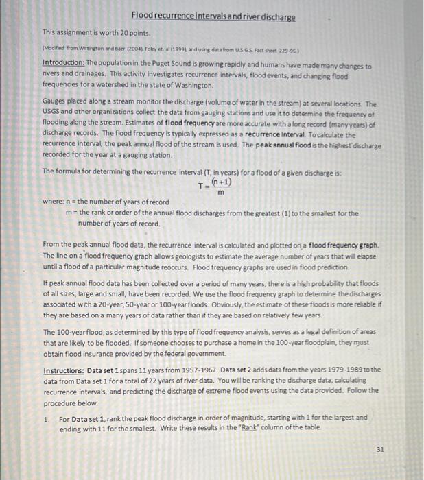 Solved Flood recurrence intervals and river discharge This | Chegg.com