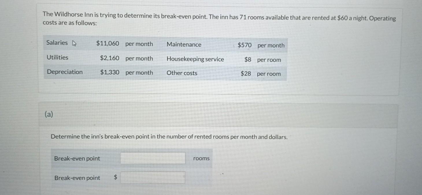 Solved The Wildhorse Inn is trying to determine its | Chegg.com
