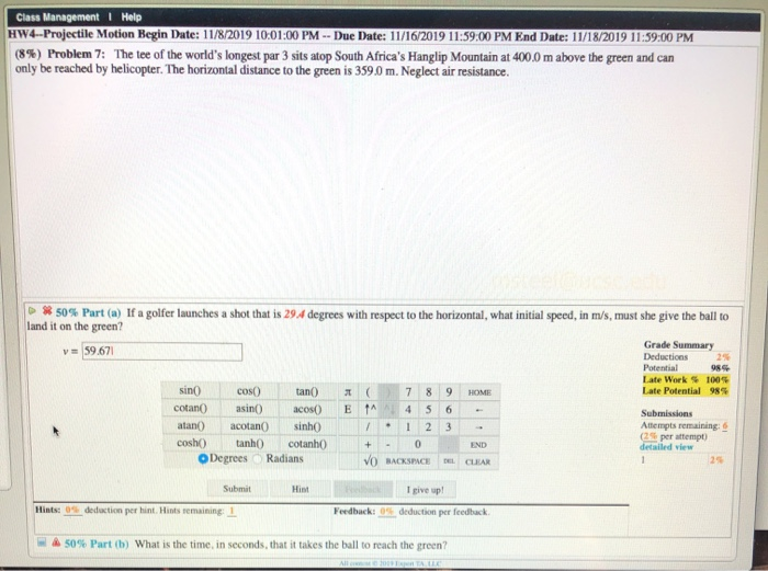 Solved Class Management | Help HW4-Projectile Motion Begin | Chegg.com
