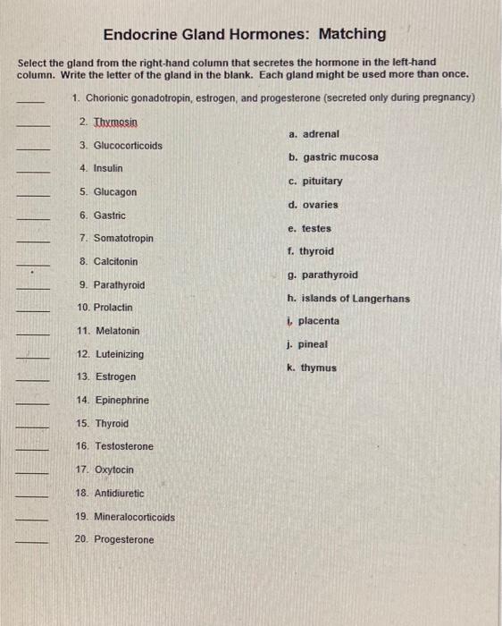 Solved Endocrine Gland Hormones: Matching Select the gland | Chegg.com