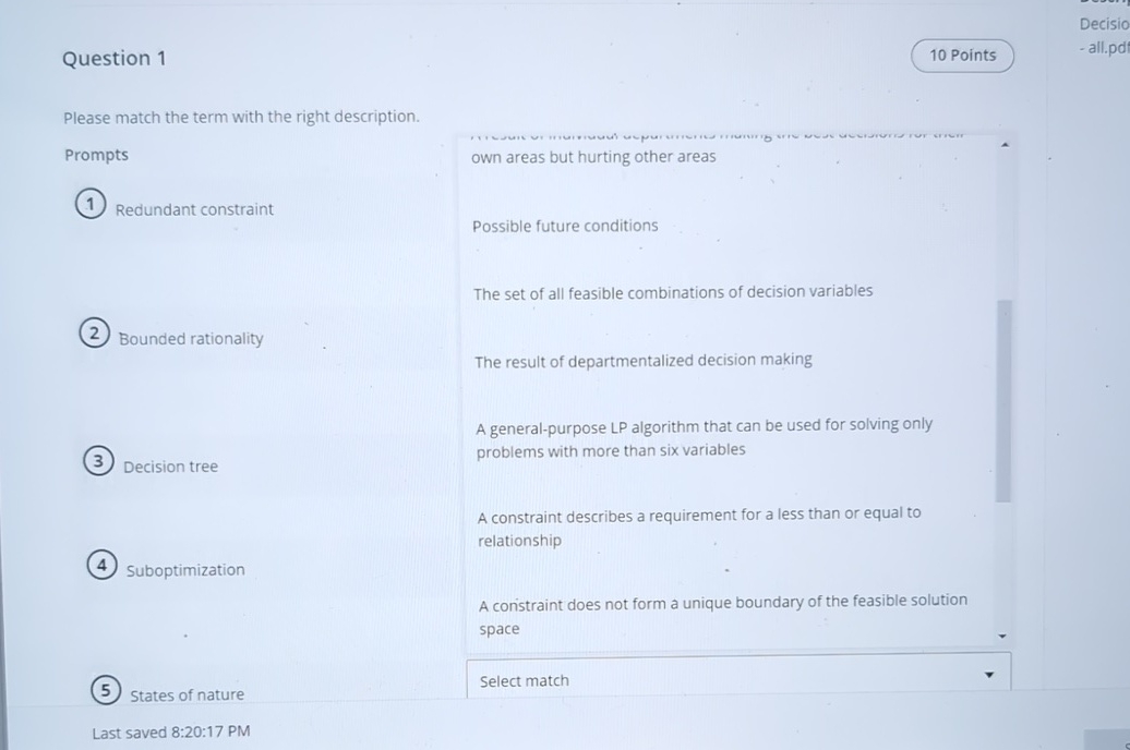 Solved Question 1DecisioPlease match the term with the right | Chegg.com