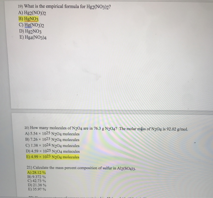 Solved 19) What is the empirical formula for Hg2(NO3)2? A) | Chegg.com
