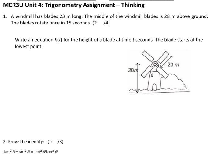 Solved MCR3U Unit 4: Trigonometry Assignment - APPLICATION | Chegg.com