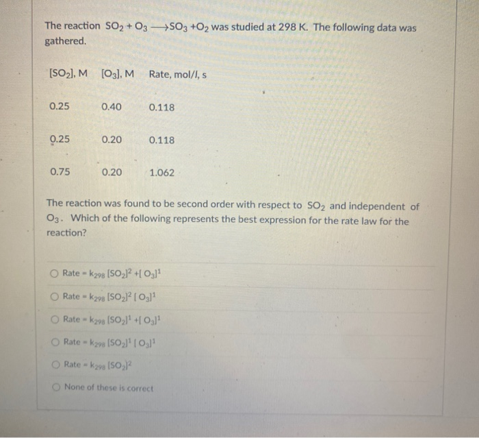 Solved The reaction SO2 + 03 — SO3 +O2 was studied at 298 K. | Chegg.com